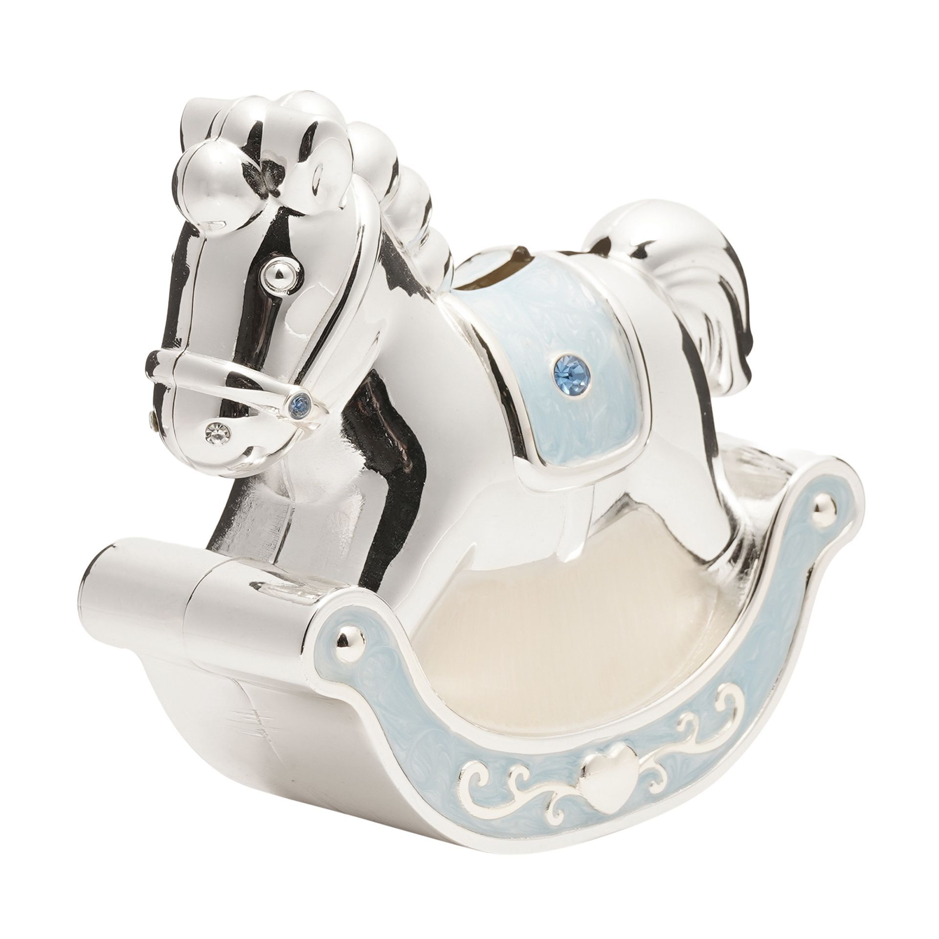 Hello Baby Silverplated Rocking Horse Money Box - Blue | Widdop and Co.