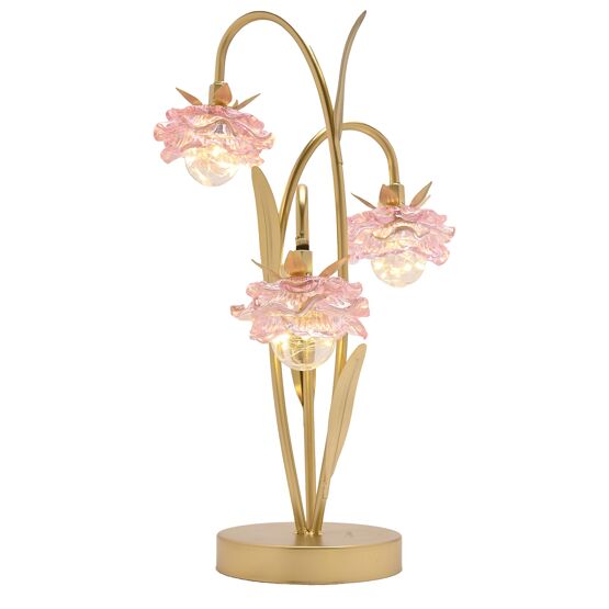 Hestia 3 Stem LED Lamp With Pink Glass Flower And Gold Base | Widdop ...
