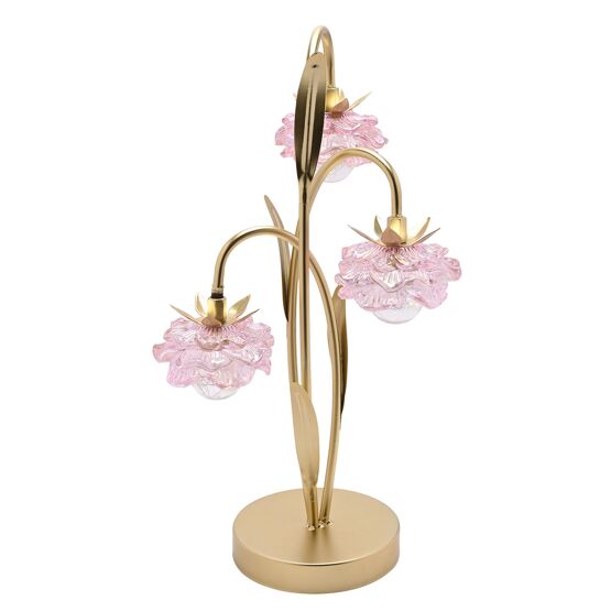 Hestia 3 Stem LED Lamp With Pink Glass Flower And Gold Base | Widdop ...
