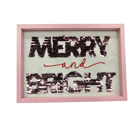 Wood & Metal Plaque with Sequin Embroidered Words - Merry & Bright ...
