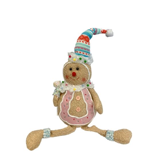 Dangle Legs Gingerbread Man in Pink Fabric 26" | Widdop and Co.