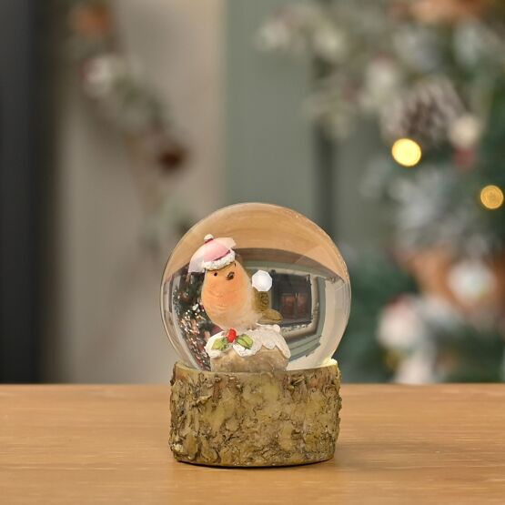 Resin Christmas Snow Globe with Christmas Robin on Tree Trunk- 9cm Tall ...