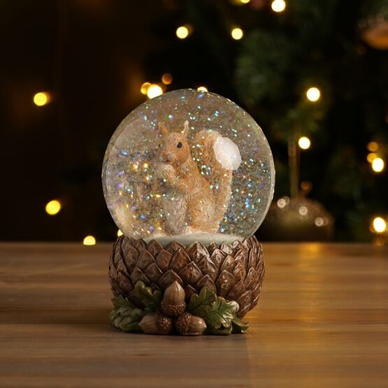 Large Resin Snow Globe with Squirrel on Natural Base 13cm | Widdop and Co.